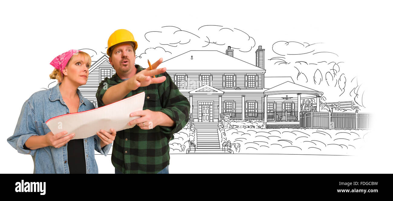 Contractor Talking with Customer Over Custom Home Drawing Stock Photo ...