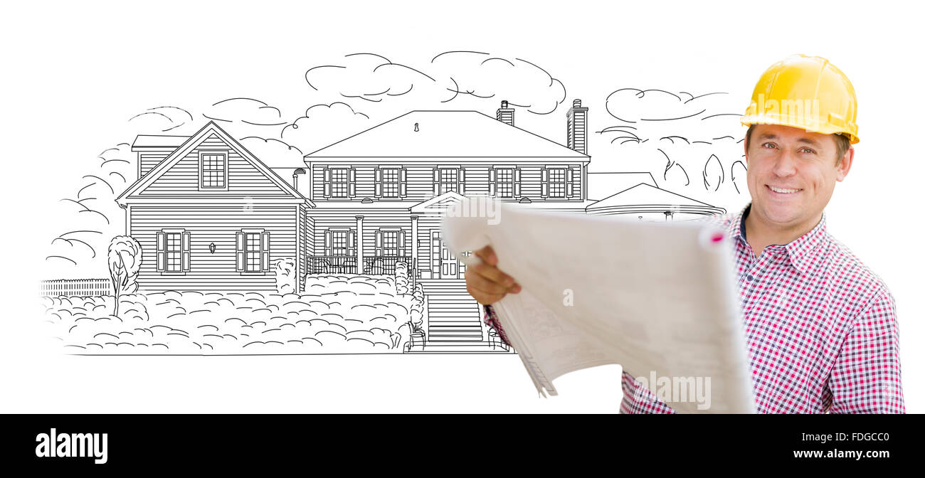 Smiling Contractor Holding Blueprints Over Custom Home Drawing Stock ...