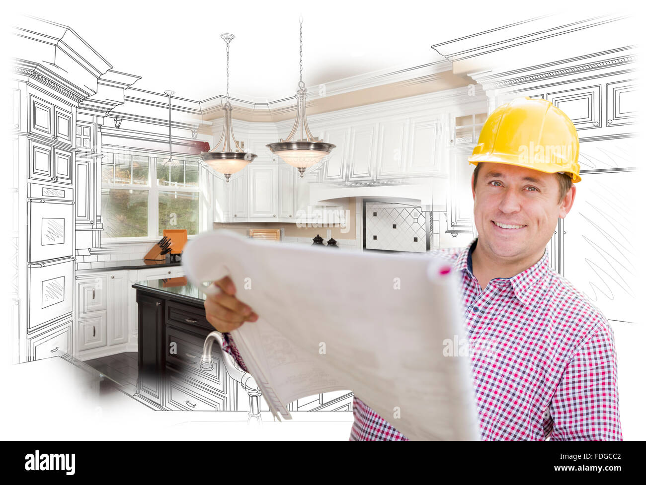 Smiling Contractor Holding Blueprints Over Custom Kitchen Drawing and ...