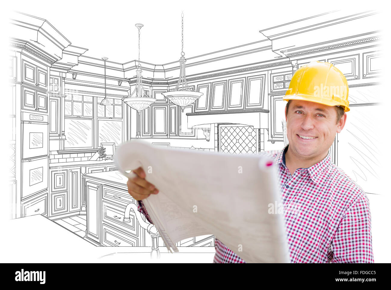 Smiling Contractor Holding Blueprints Over Custom Kitchen Drawing Stock ...