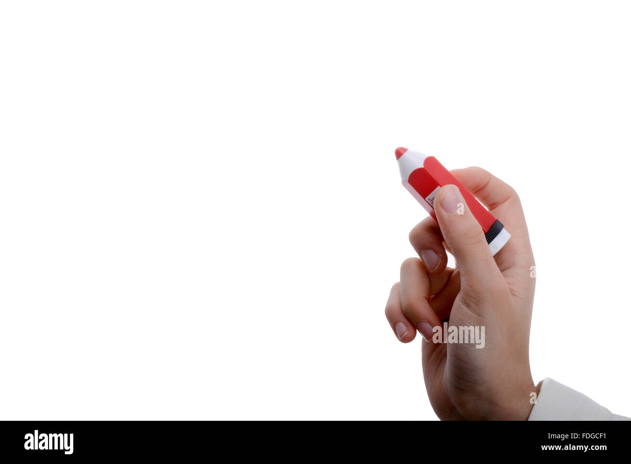 Isolated thick, red pencil in hand on a white background Stock Photo ...