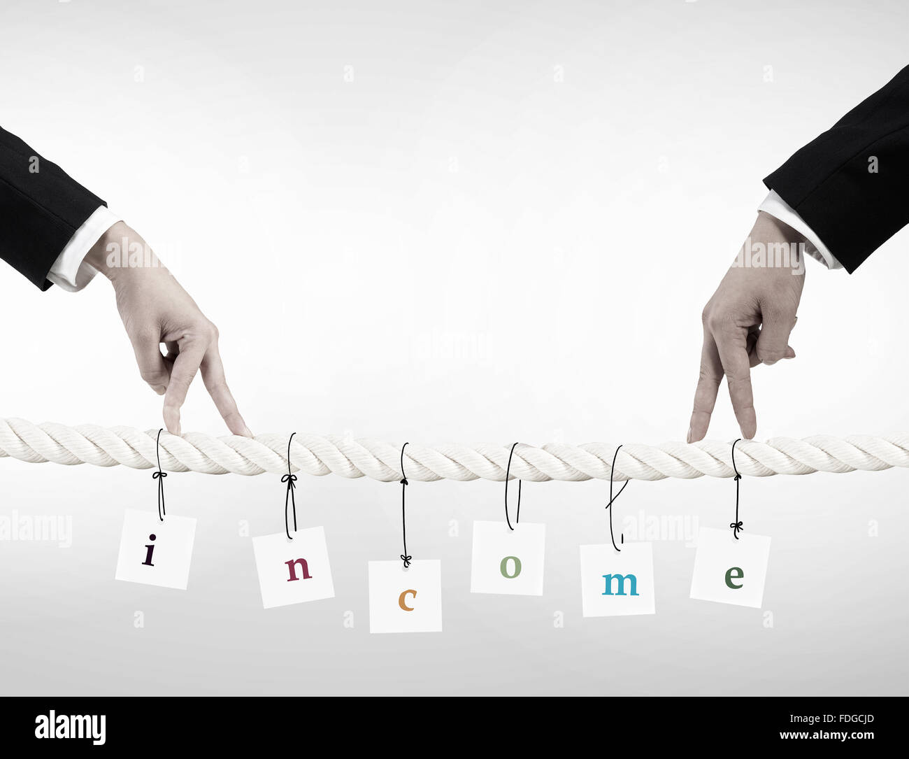 Close up of businessman hands walking with fingers on rope as ...