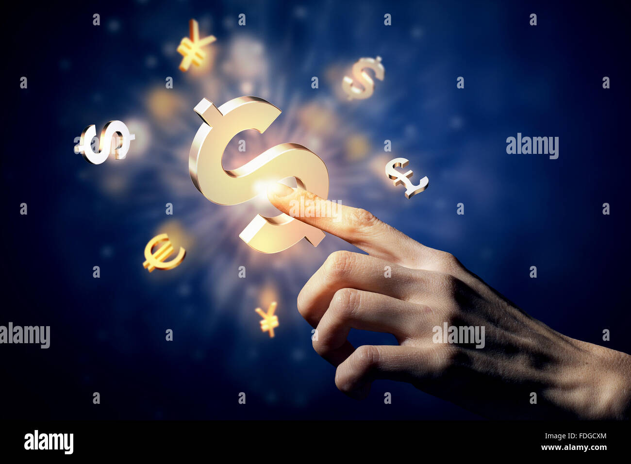 Hand touching money currency symbol with finger Stock Photo - Alamy