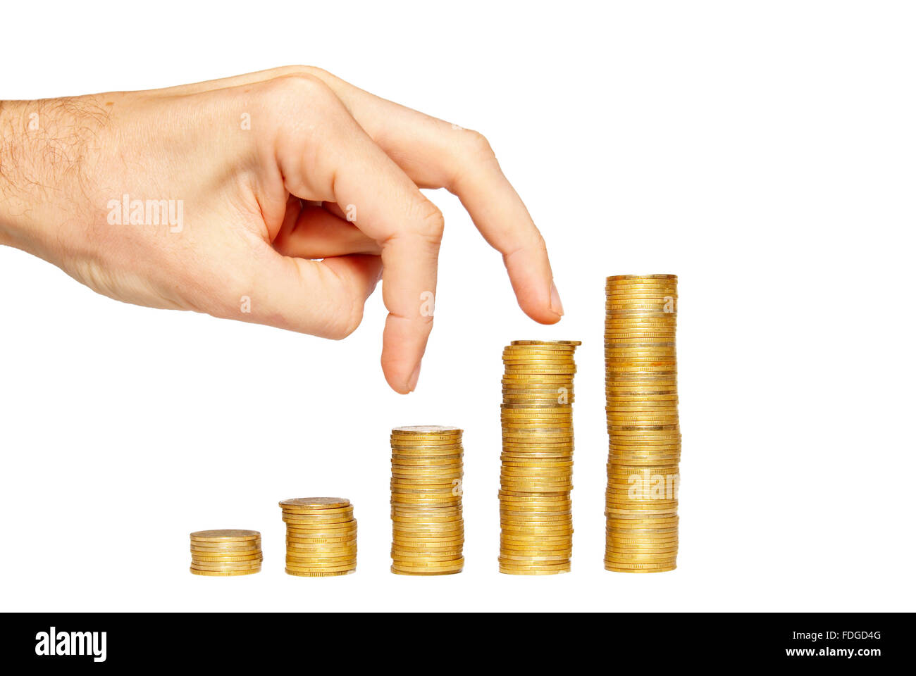 Climbing hand on gold coin staircase isolated on white Stock Photo - Alamy