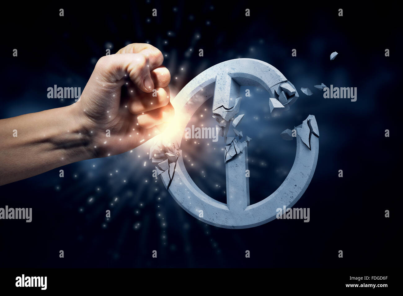 Close up of human hand breaking stone copywriting sign Stock Photo - Alamy