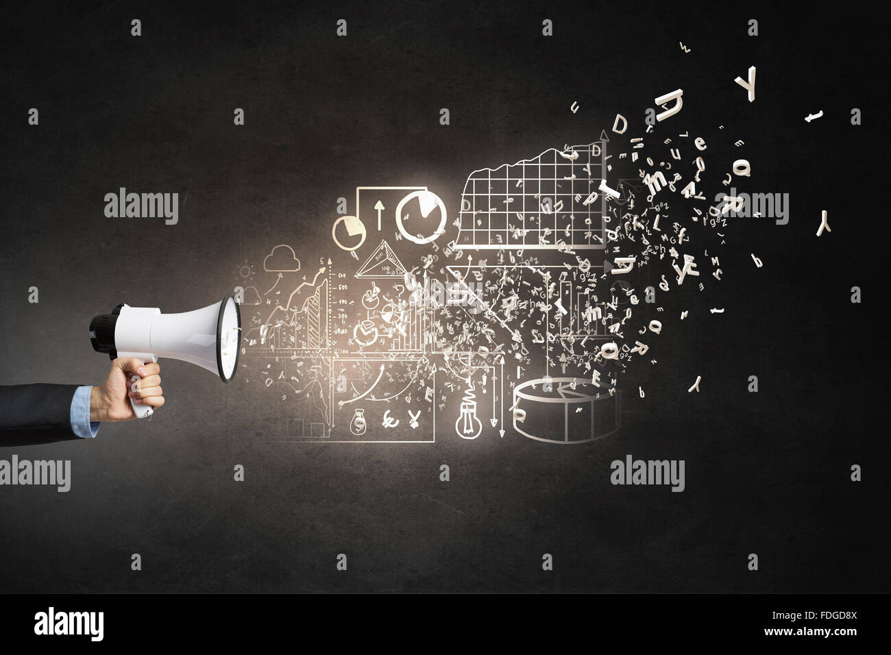 Hand of businessman with megaphone and market infograhics Stock Photo ...