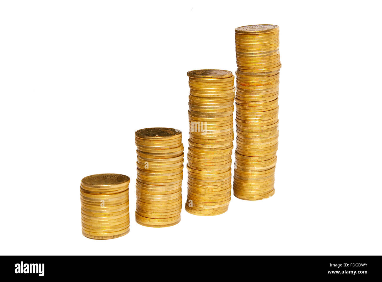 Columns of golden coins isolated on white Stock Photo - Alamy