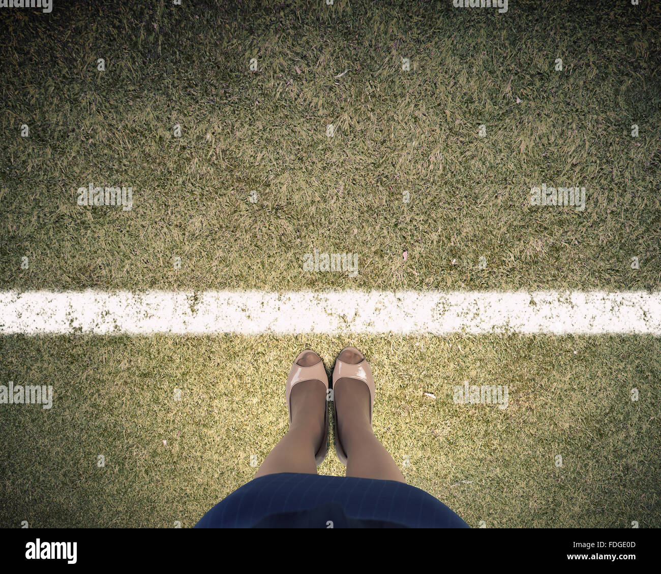 Top view of businesswoman feet standing at start line Stock Photo - Alamy