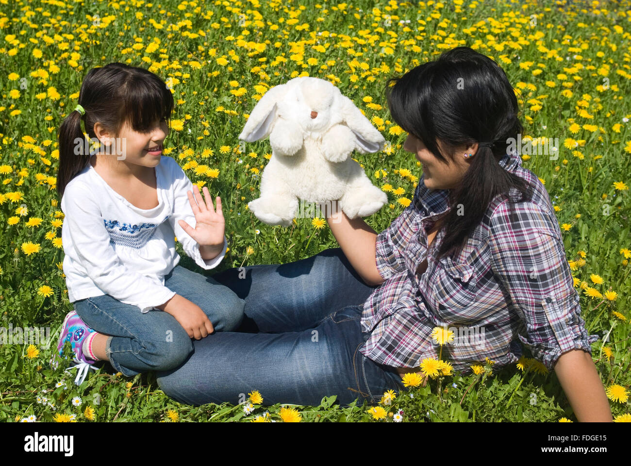 Two sisters playing in the meadow of spring Stock Photo - Alamy