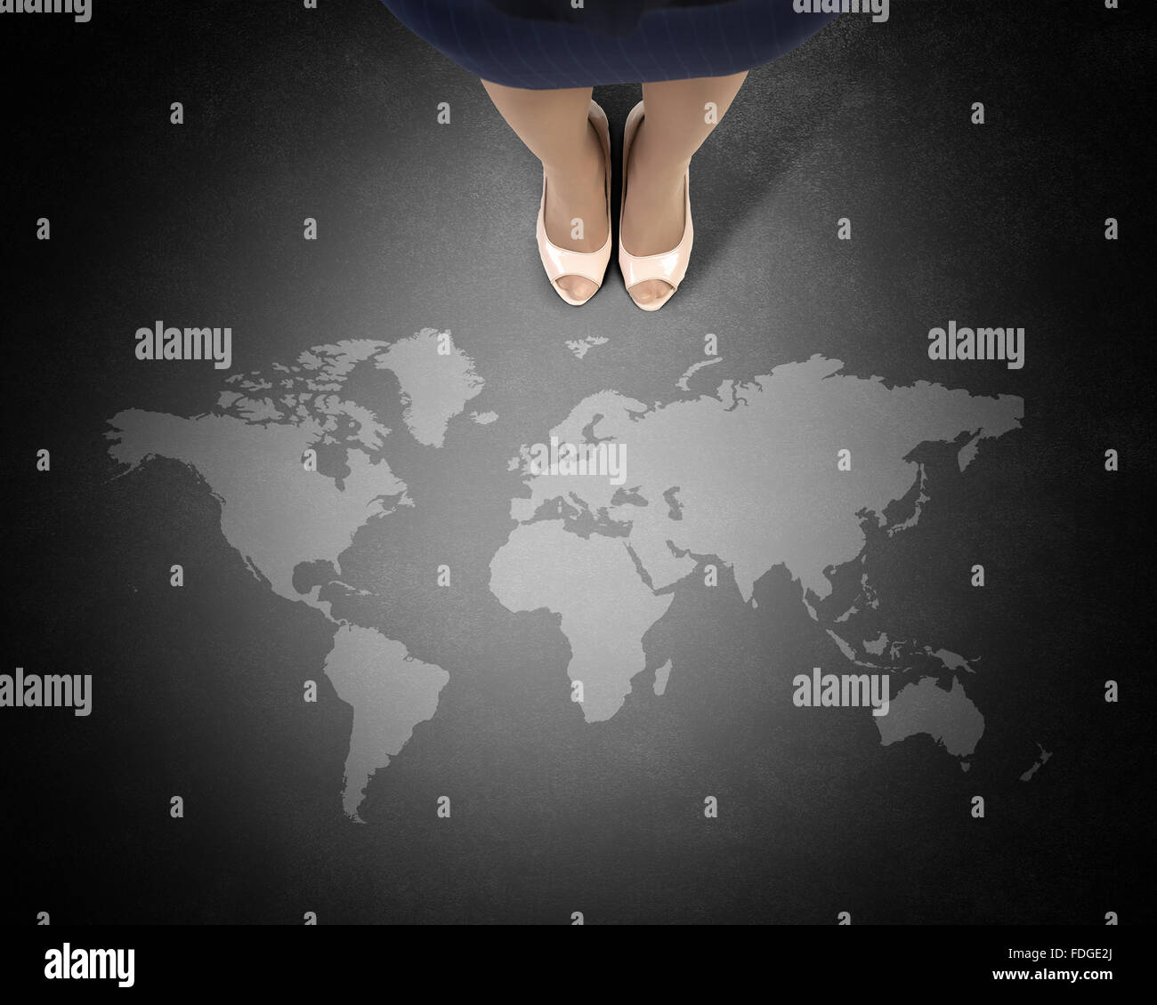Top view of businesswoman feet and world map on floor Stock Photo - Alamy