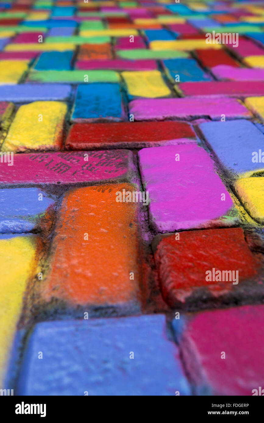 Colourful paving stones on a street in the centre of Amsterdam, the ...