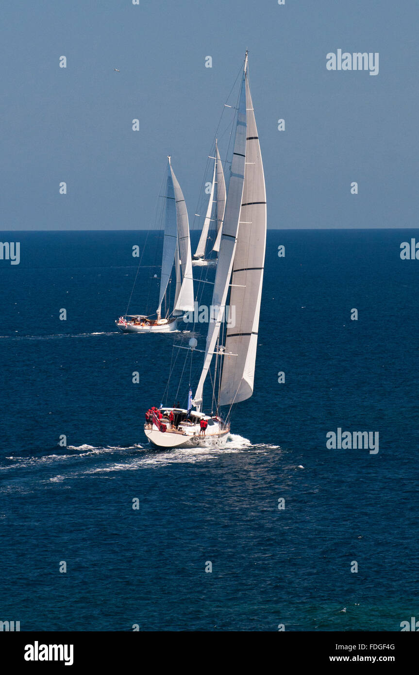 Emerald coast,Sardinia, Italy, 5/2015. Sailing boat with crew in a ...