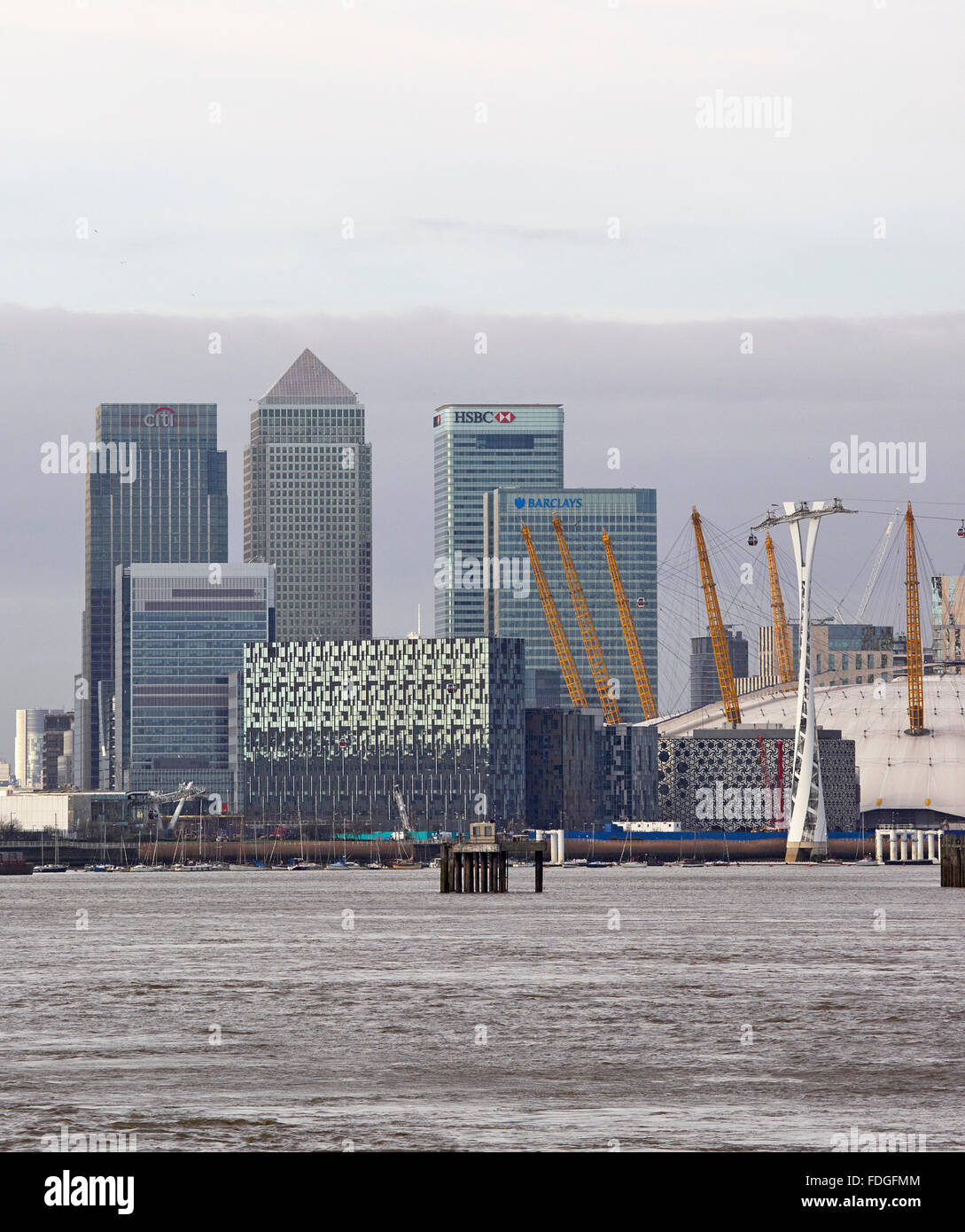 London Canary wharf river Thames O2 arena Dome and the Emirates cable ...