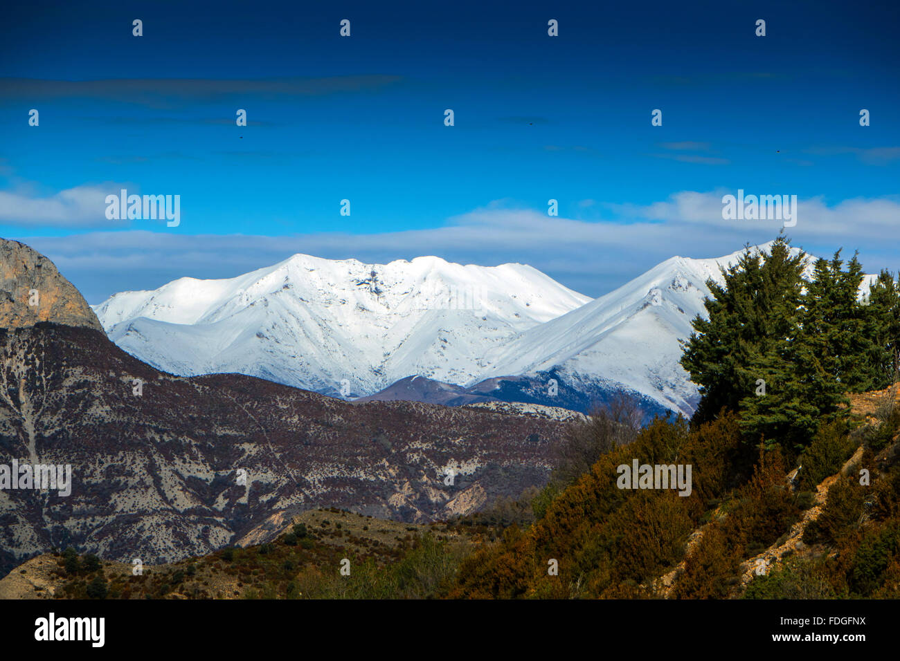 Snowy Pyrenees from Pui de Lleràs hill above Tremp, Catalunya, Spain ...