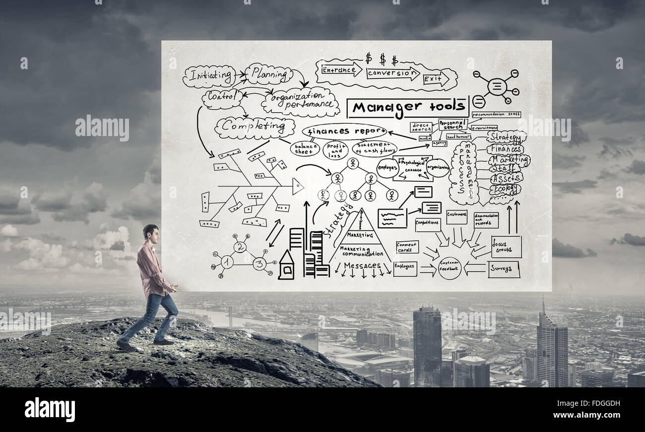Young man carrying banner with his great business plan Stock Photo - Alamy