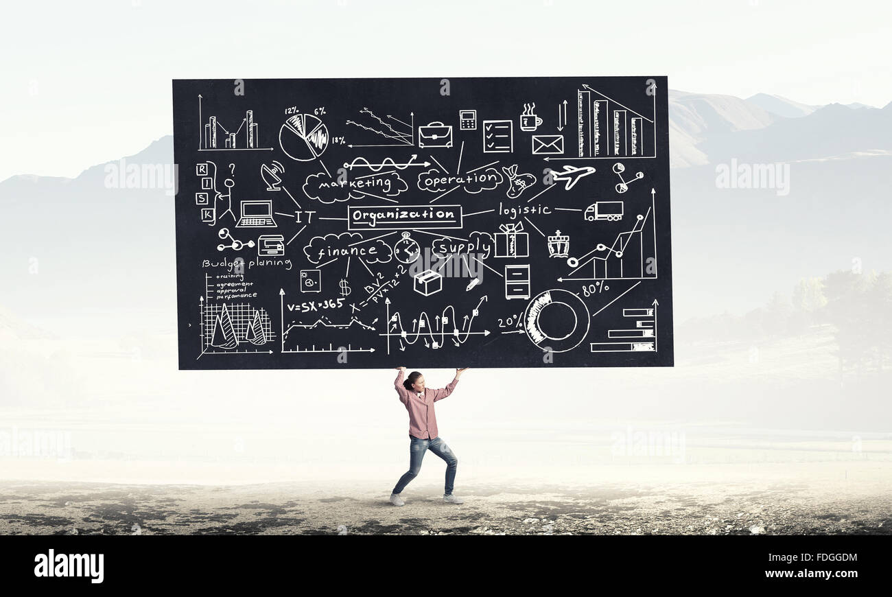Young woman carrying banner with her great business plan Stock Photo ...
