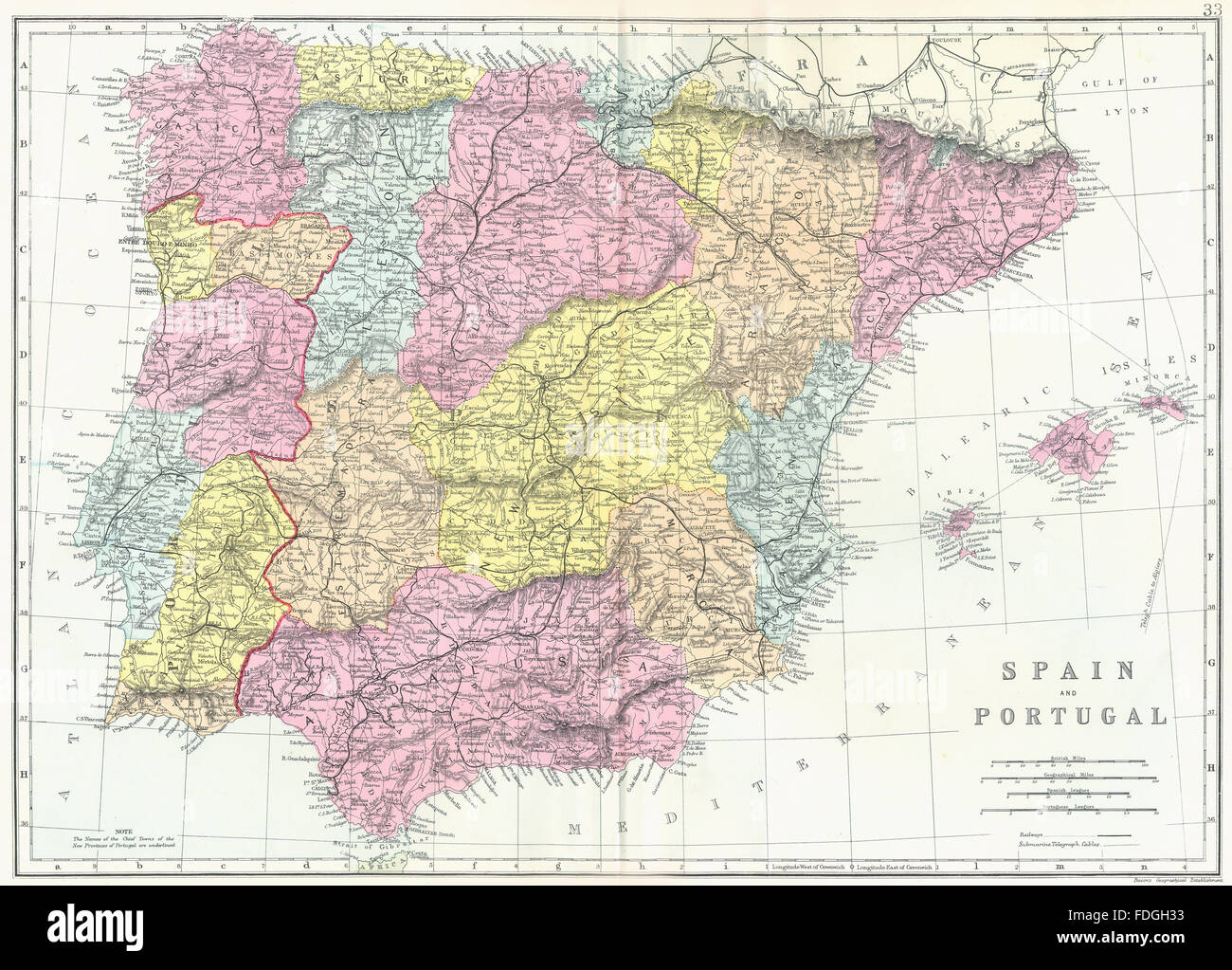 IBERIA: Spain and Portugal. Bacon, 1895 antique map Stock Photo - Alamy