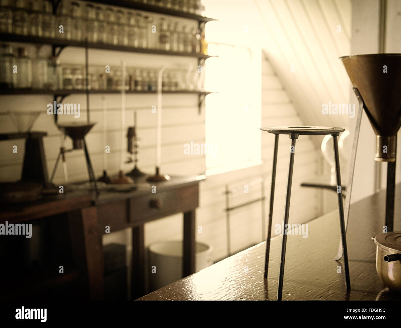 View of early 20th century scientist's chemistry lab including early ...