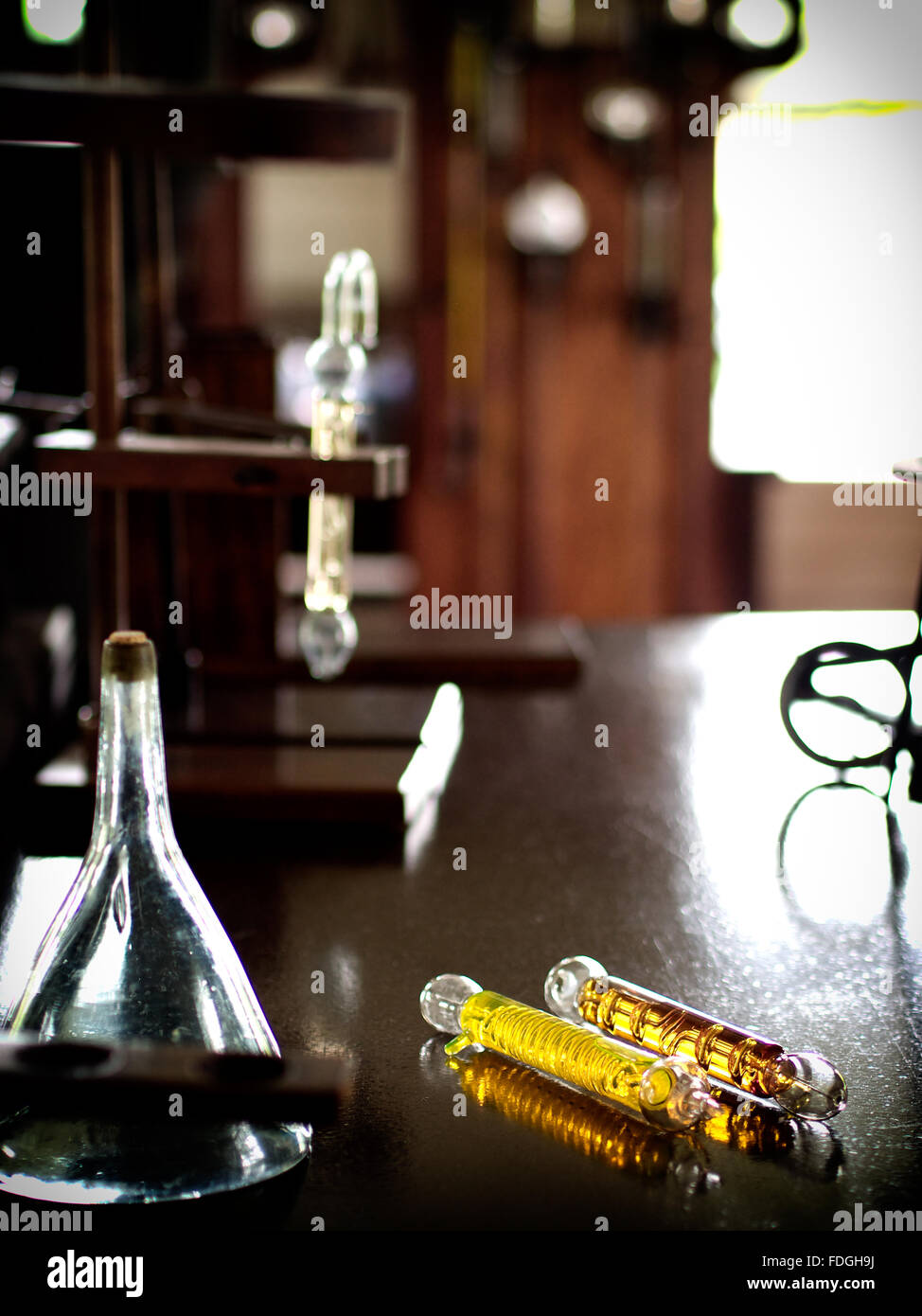 View of early 20th century scientist's lab including early instruments ...