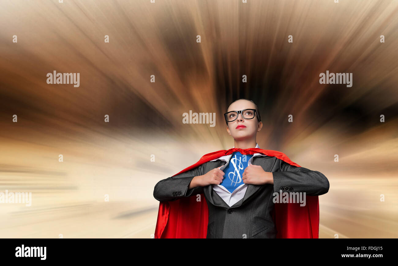 Young woman acting like super hero with dollar sign on chest Stock ...