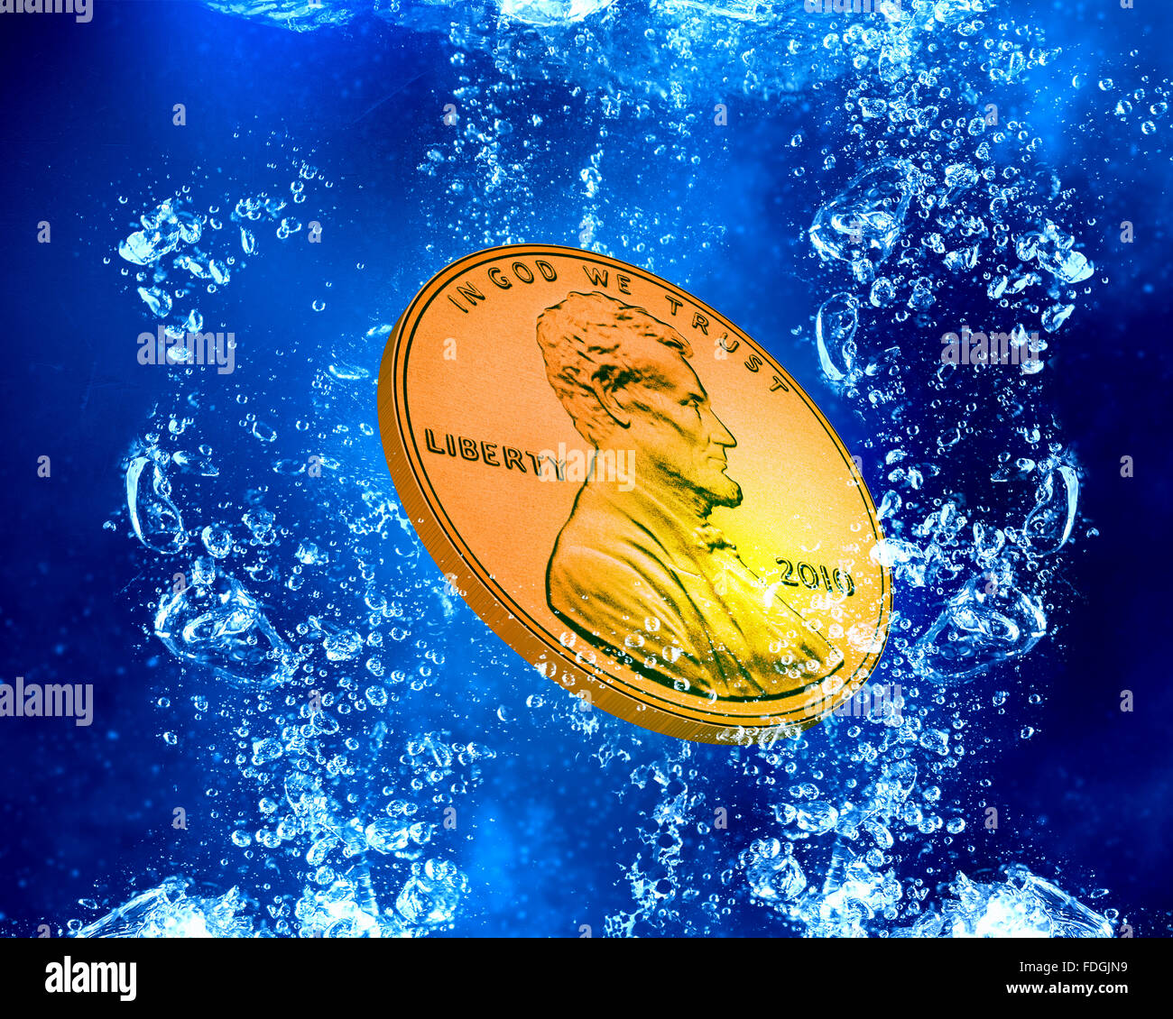 Money coin falling in blue water with bubbles Stock Photo - Alamy
