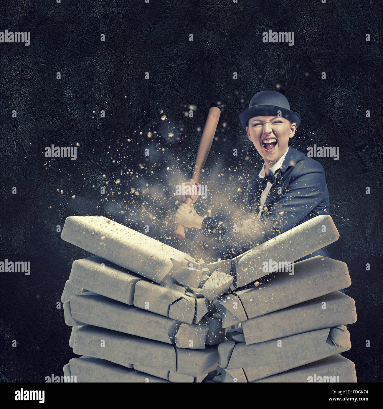 Young emotional woman breaking bricks with baseball bat Stock Photo - Alamy