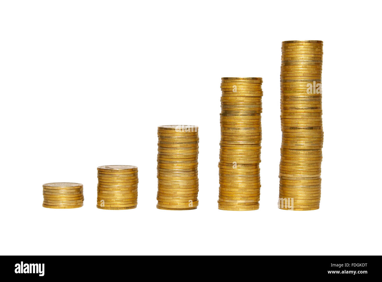 Columns of golden coins isolated on white Stock Photo - Alamy