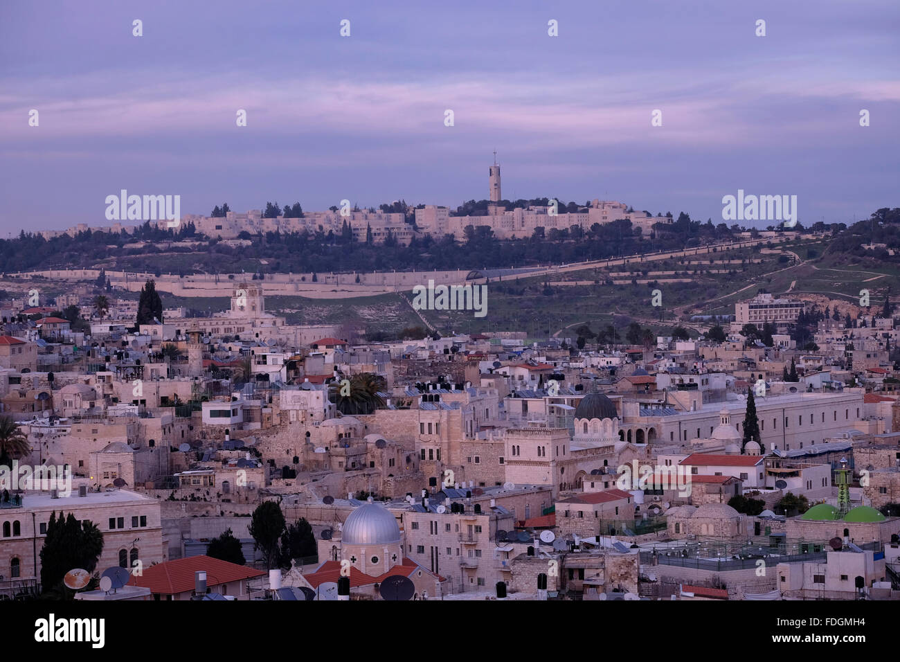 View of across the Muslim quarter toward the Hebrew University on Mount ...
