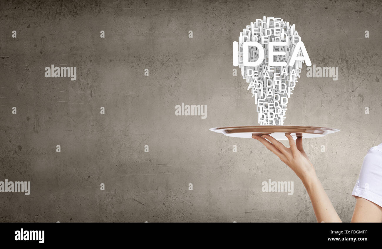 Hand of woman holding tray with successful idea concept Stock Photo - Alamy
