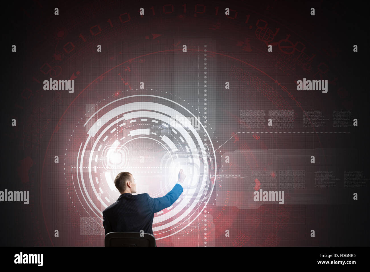 Back view of businessman working with virtual panel Stock Photo - Alamy