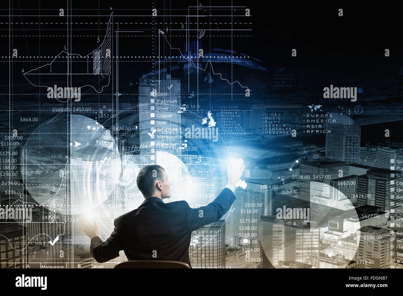 Back view of businessman working with virtual panel Stock Photo - Alamy