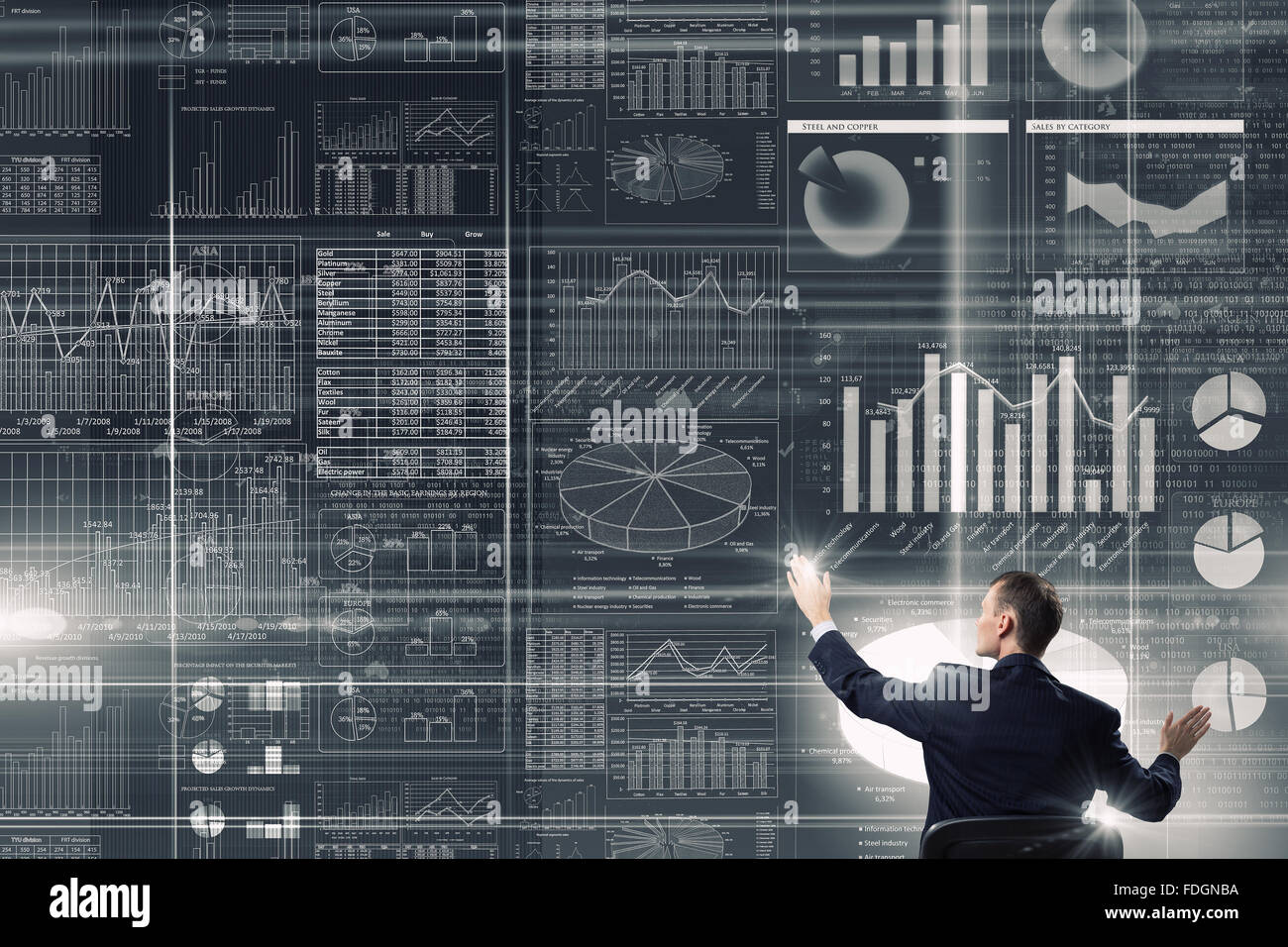 Back view of businessman working with virtual panel Stock Photo - Alamy