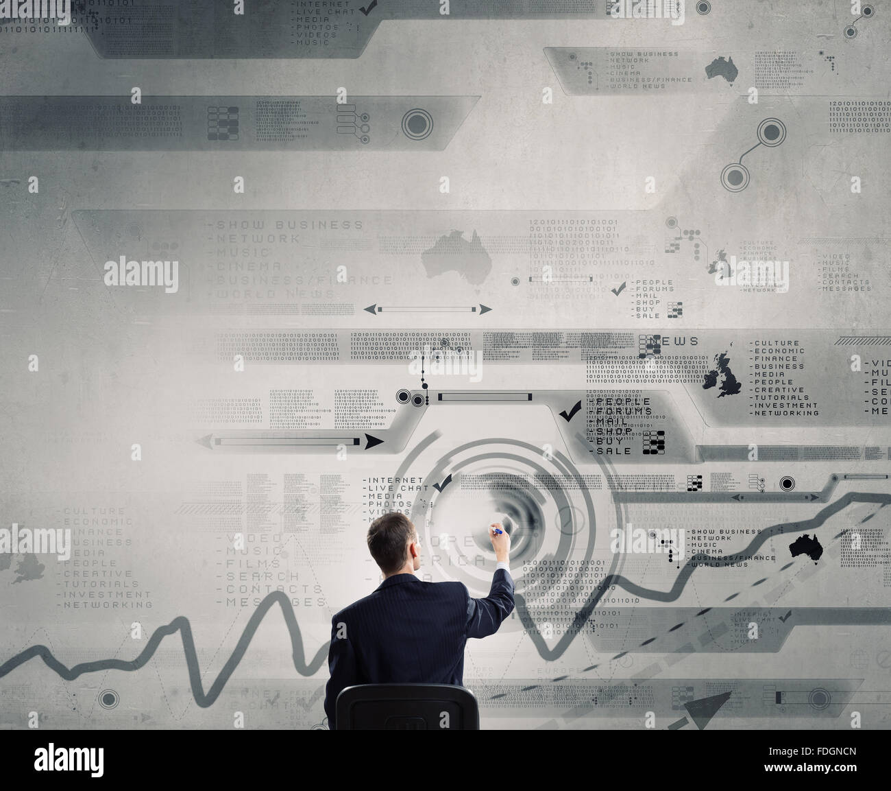 Back view of businessman working with virtual panel Stock Photo - Alamy