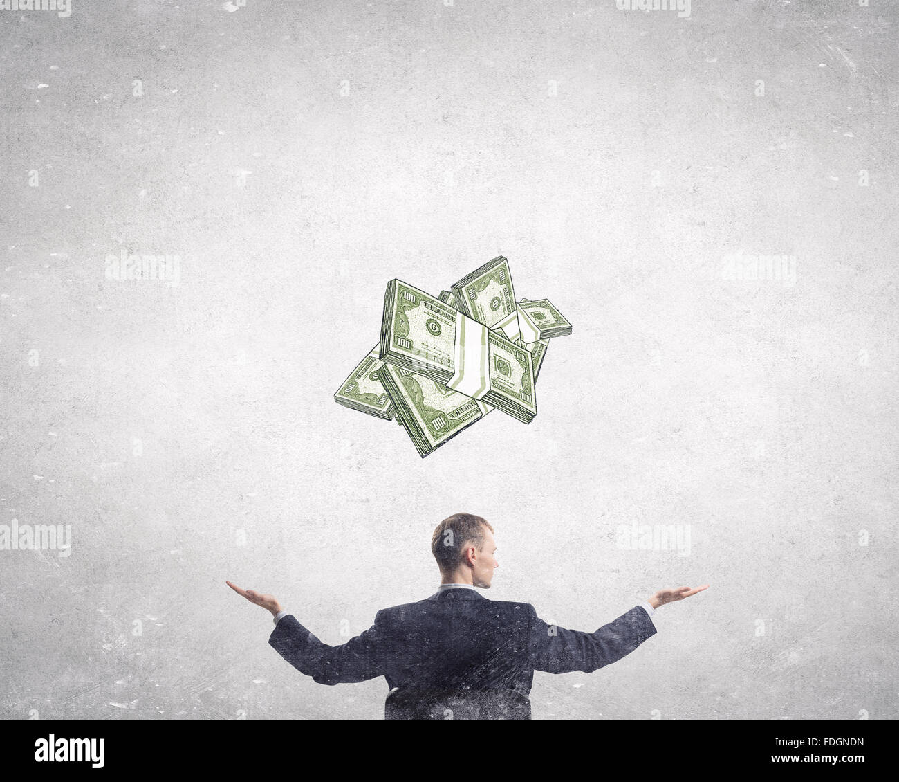 Confident businessman with hands spread apart presenting money earning ...