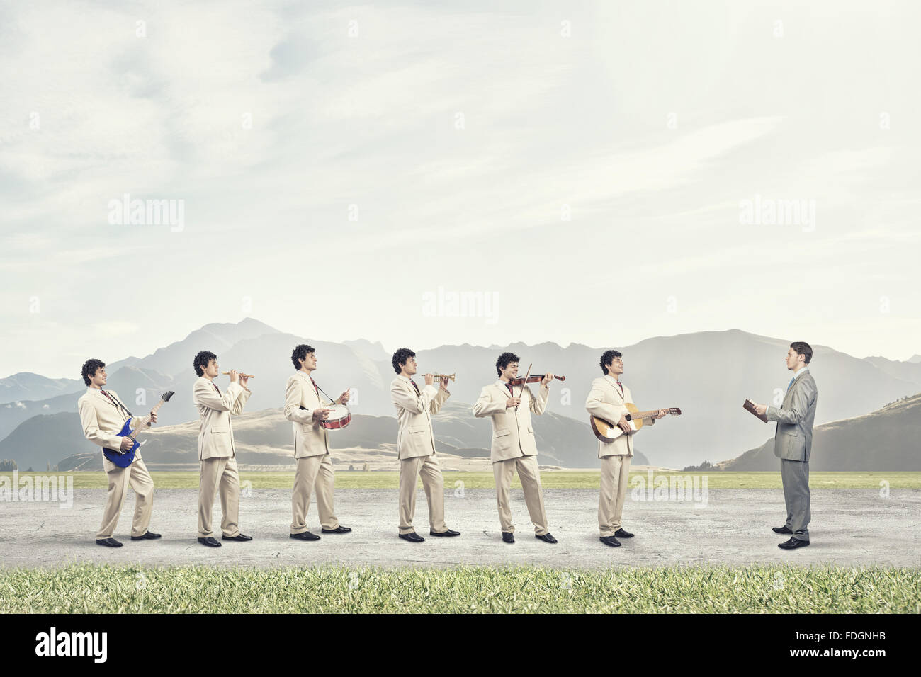 Man orchestra in suit playing different music instruments Stock Photo ...