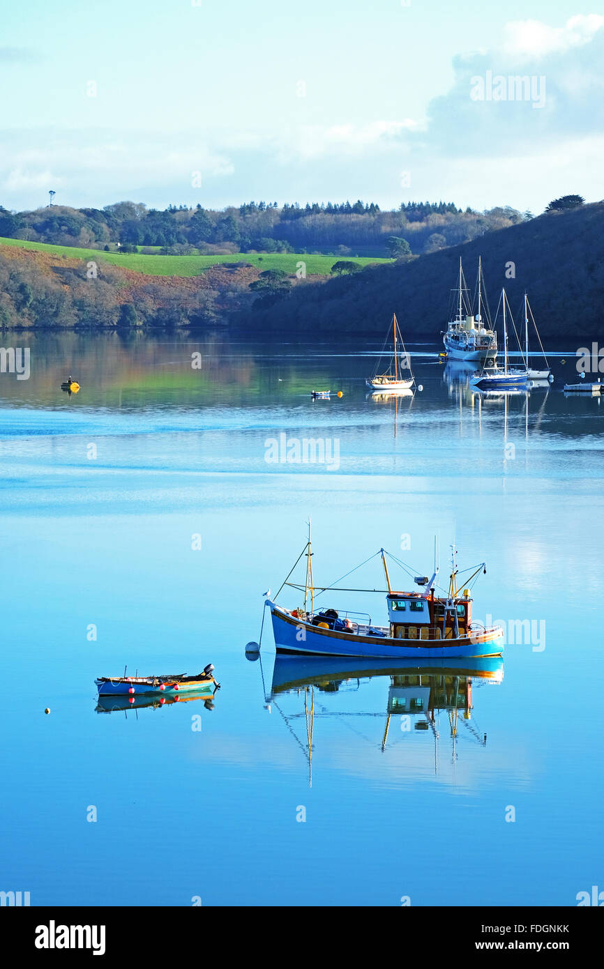 Oyster fishing boats moored on the Fal river near Truro in Cornwall ...