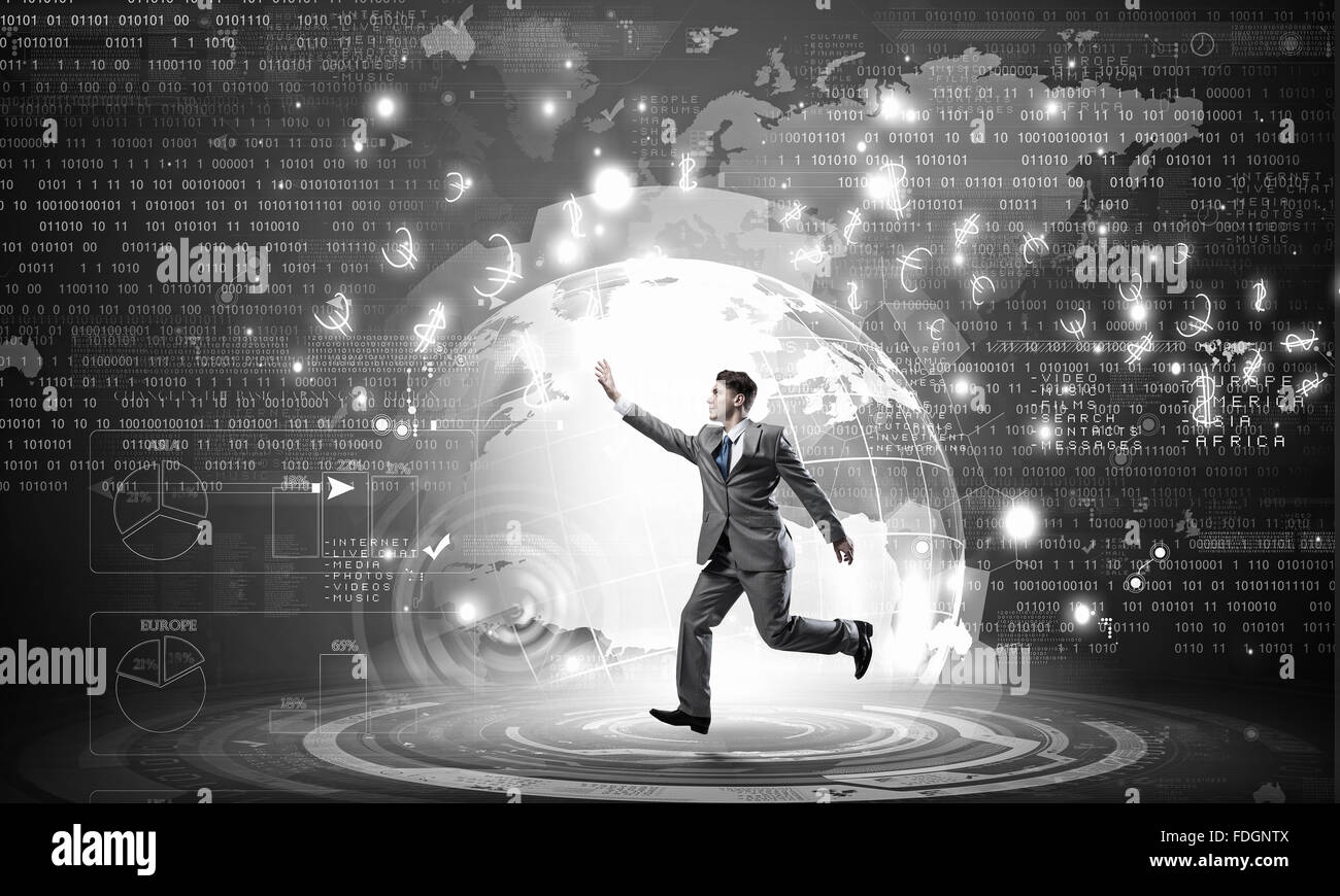 Running young businessman trying to catch dollar signs falling from ...