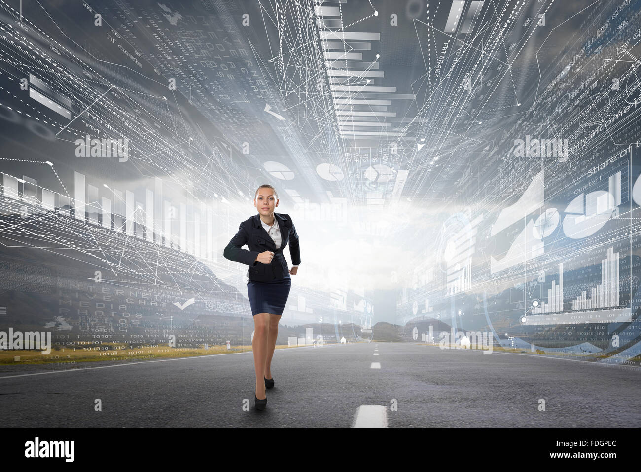 Young determined businesswoman competitor running on road Stock Photo ...