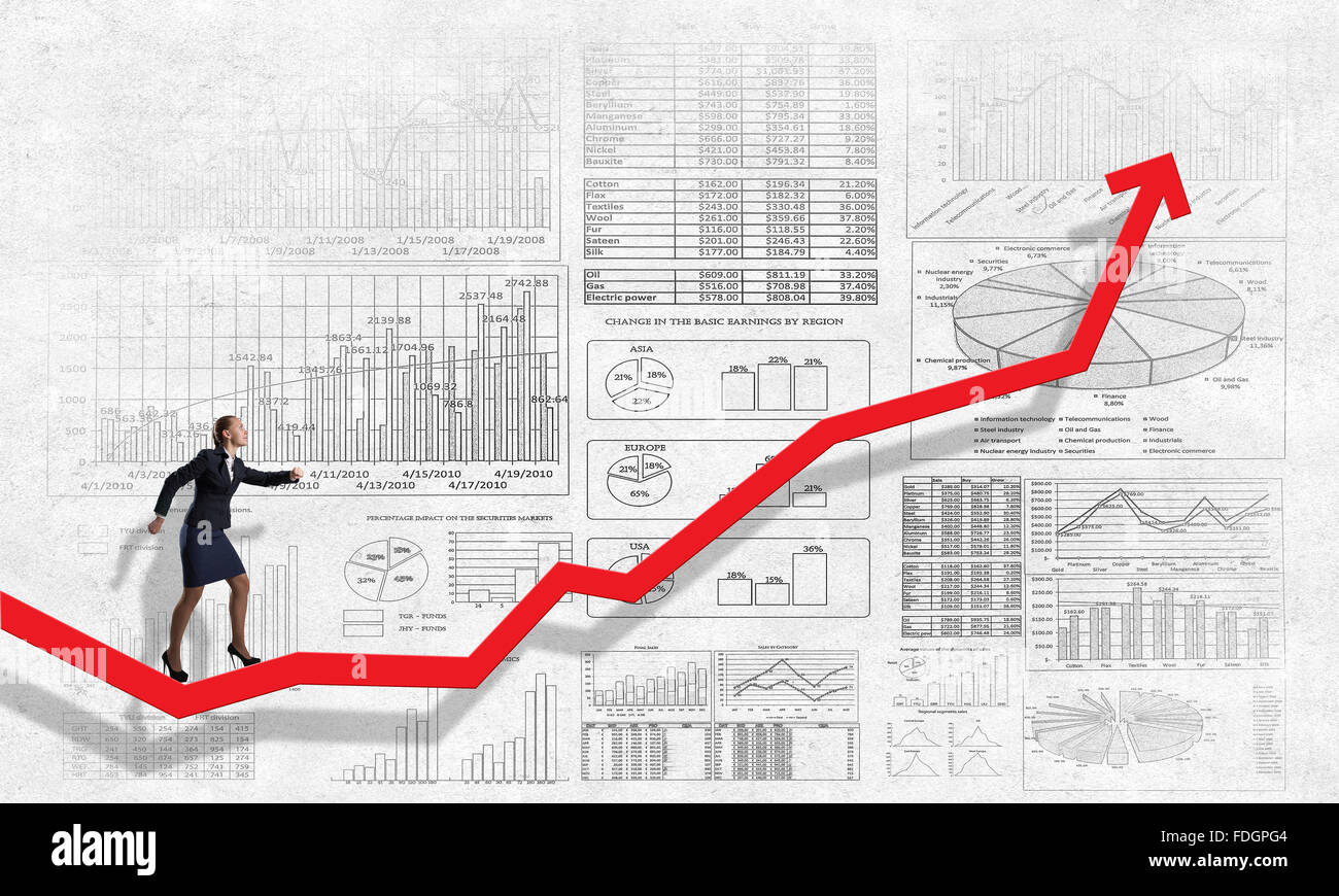 Young businesswoman running up on increasing arrow graph Stock Photo ...