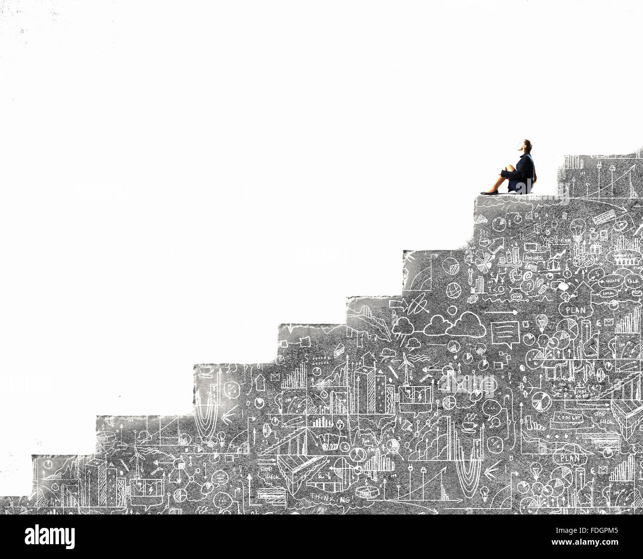 Bored young businesswoman sitting alone on ladder steps Stock Photo - Alamy