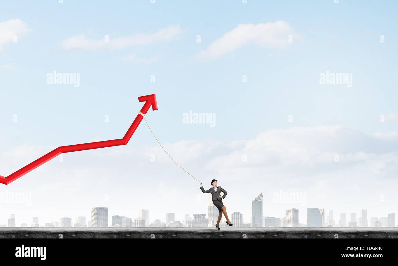Businesswoman pulling arrow with rope and making it raise up Stock ...