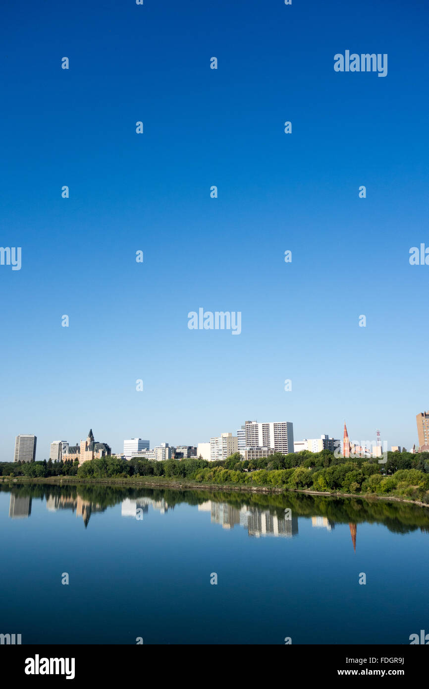 Saskatoon skyline and the South Saskatchewan River, Canada Stock Photo ...
