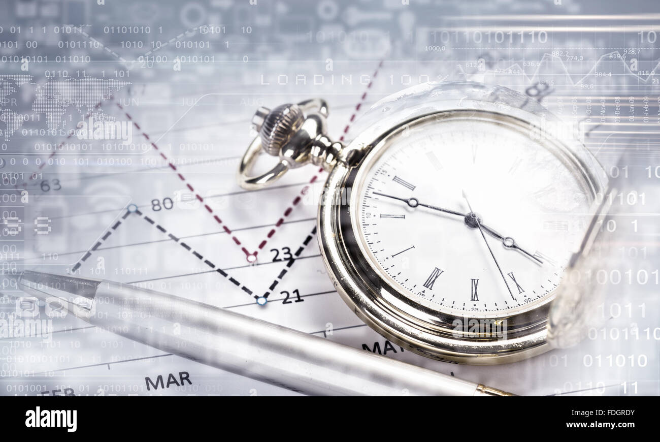 Pocket watch and business concepts on digital background Stock Photo ...