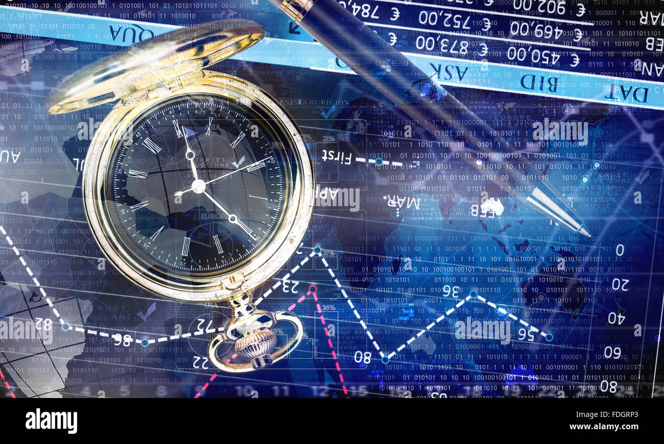 Pocket watch and business concepts on digital background Stock Photo ...