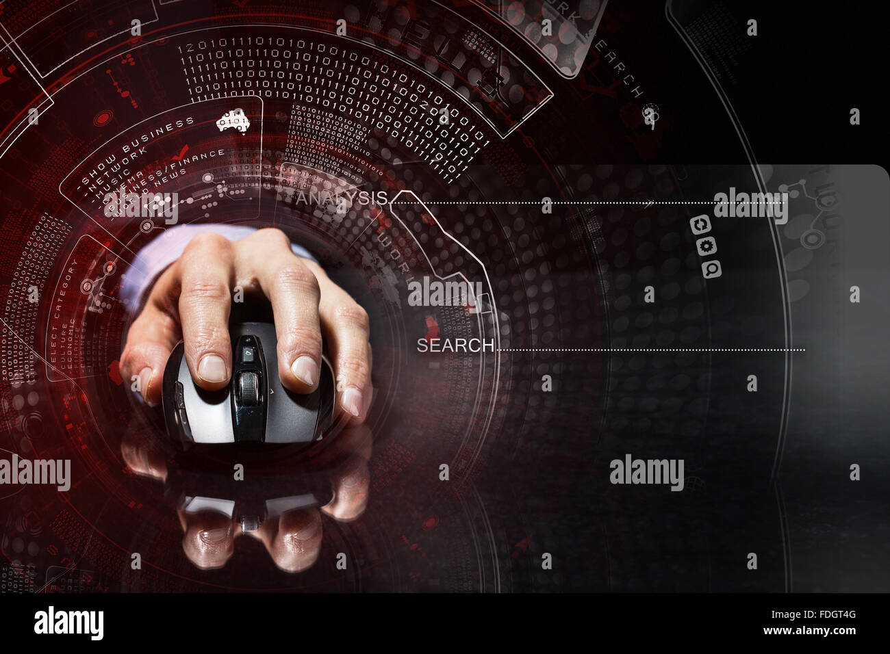 Hand of businessman in suit on dark digital background using wireless ...