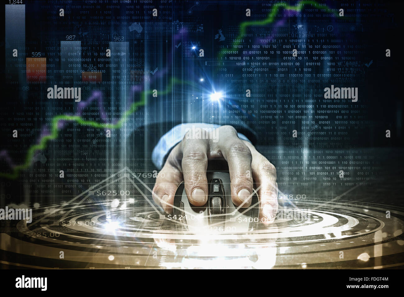 Hand of businessman in suit on dark digital background using wireless ...
