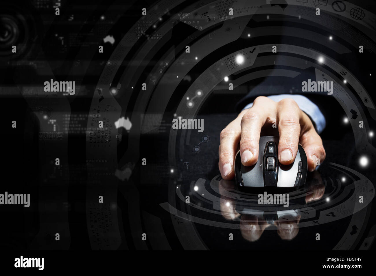 Hand of businessman in suit on dark digital background using wireless ...