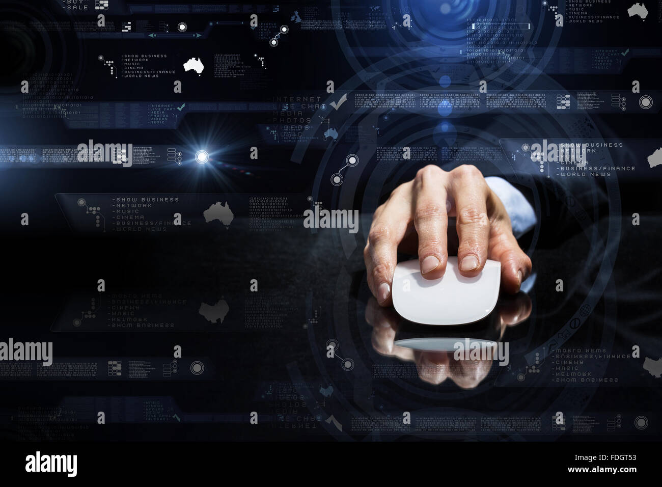 Hand of businessman in suit on dark digital background using wireless ...