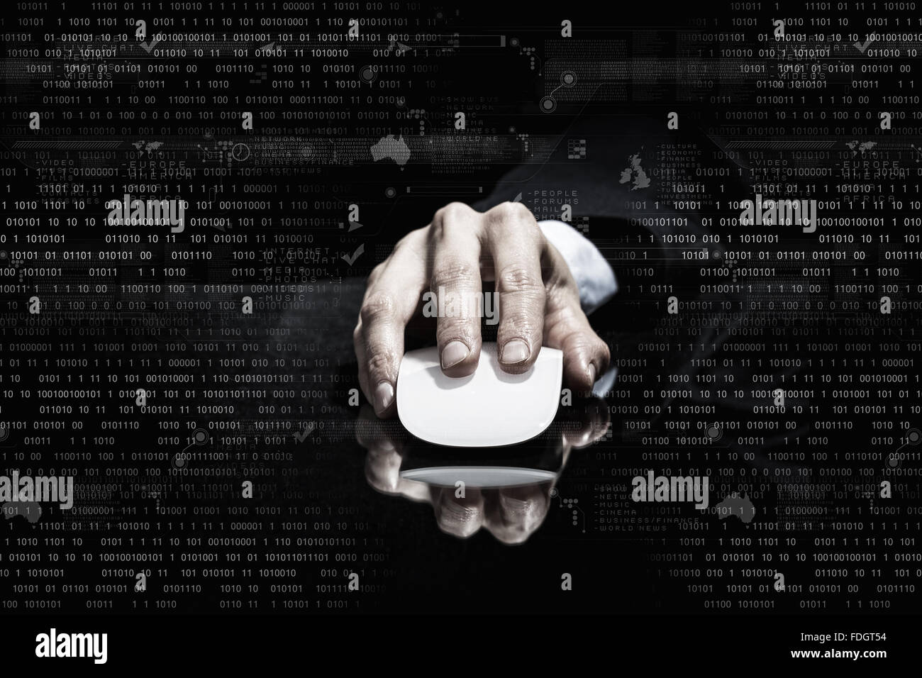Hand of businessman in suit on dark digital background using wireless ...