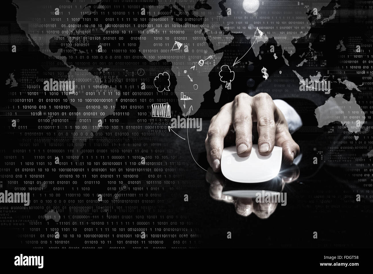 Hand of businessman in suit on dark digital background using wireless ...